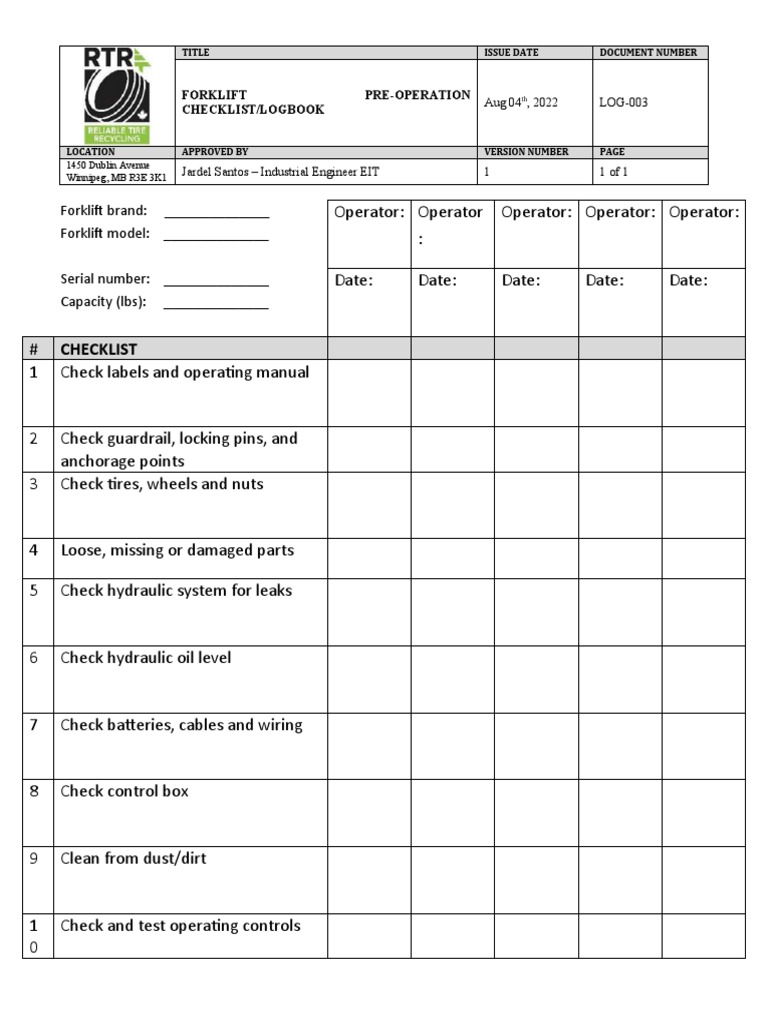 LOG-003 Scissor Lift Checklist and Logbook | PDF | Vehicle Technology ...