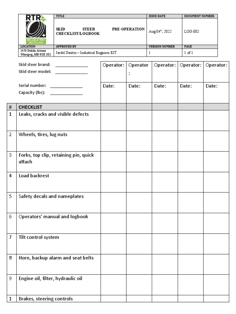 LOG-002 Skid Steer Checklist and Logbook | PDF