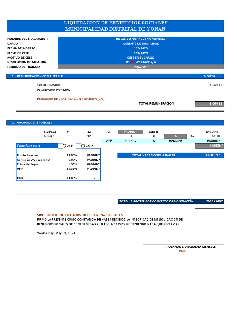 Liquidacion de Beneficios Sociales en Excel 1 | PDF