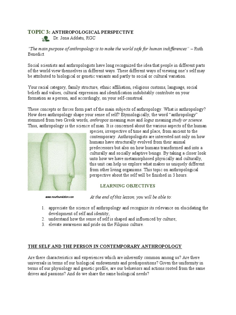 TOPIC 3 Anthropological Perspective | PDF | Anthropology | Self