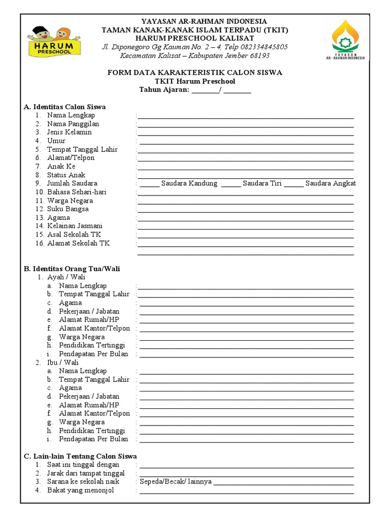 Form Data Karakteristik Tkit | PDF