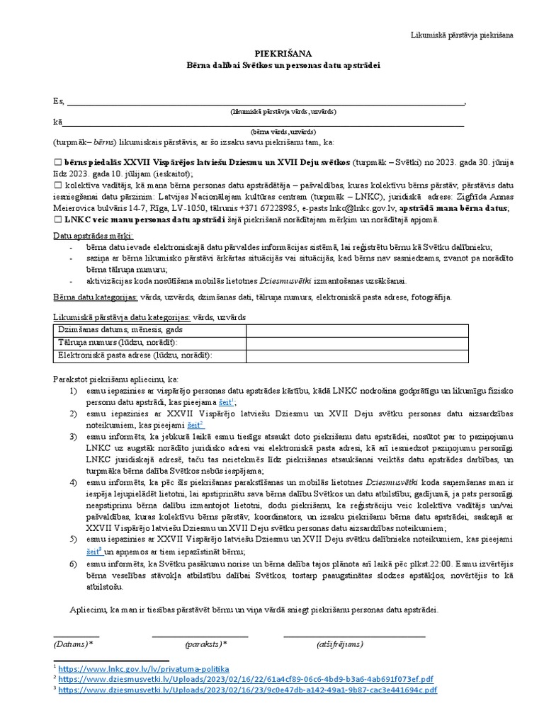 Piekrišana Bērna Dalībai Svētkos Un Personas Datu Apstrādei: Šeit Šeit ...