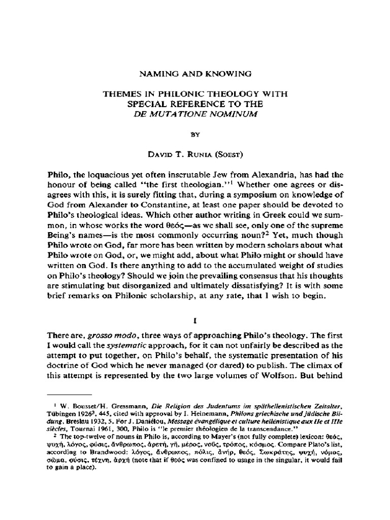 Runia Naming and Knowing God in Philo | PDF | Exegesis | God