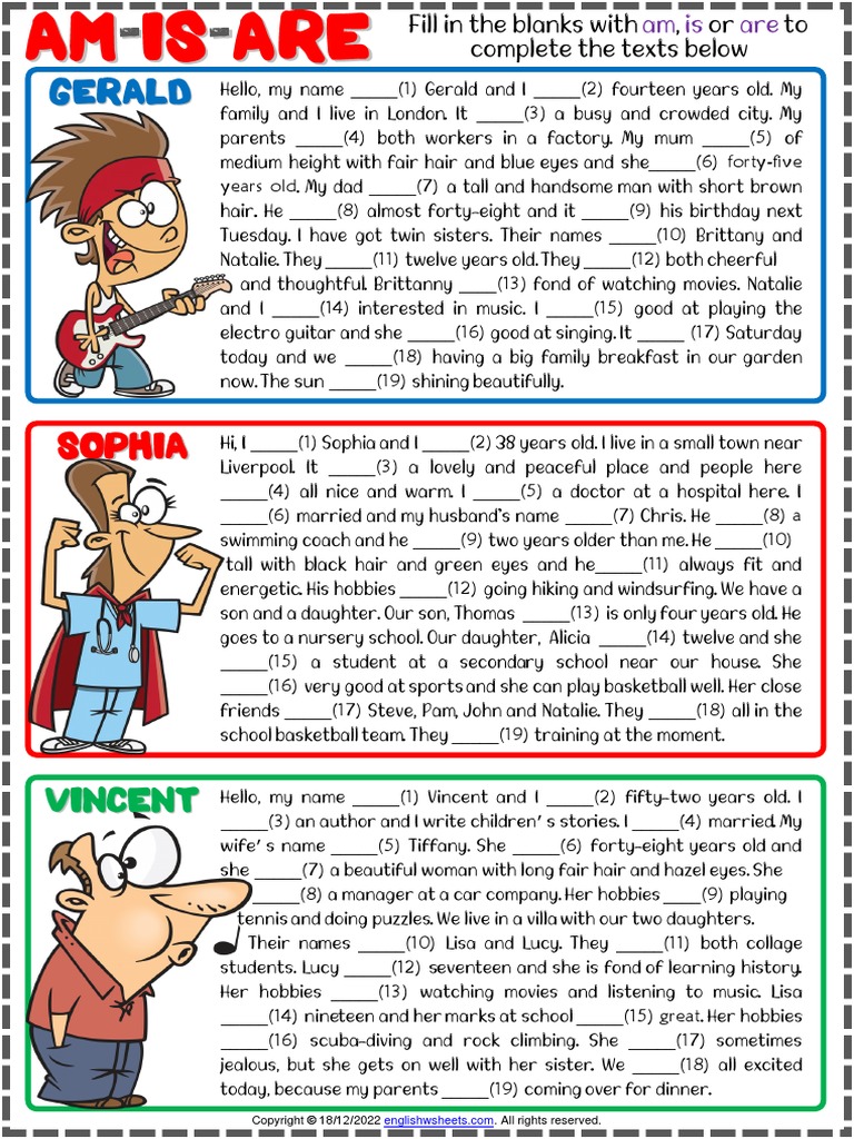 Am Is Are Esl Gap Fill Exercises Worksheet | PDF