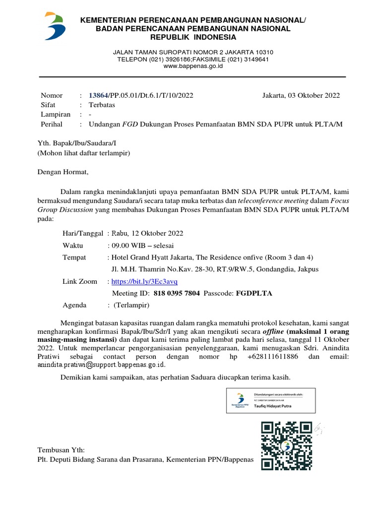 Draft Undangan Peserta FGD Pemanfaatan BMN SDA-1-1 - Sign | PDF