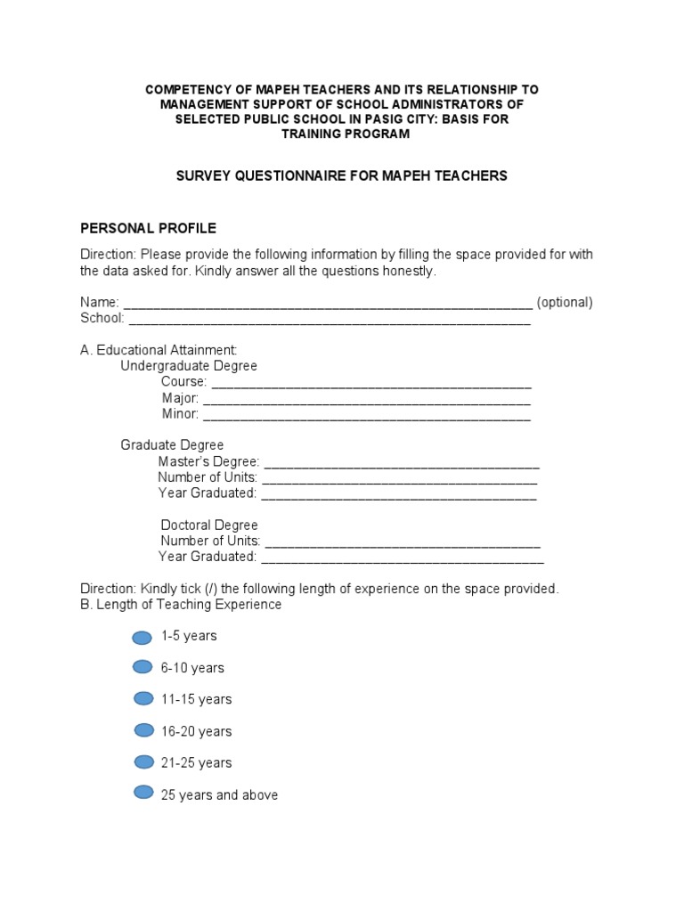 Survey Questionnaire For Mapeh Teachers | PDF