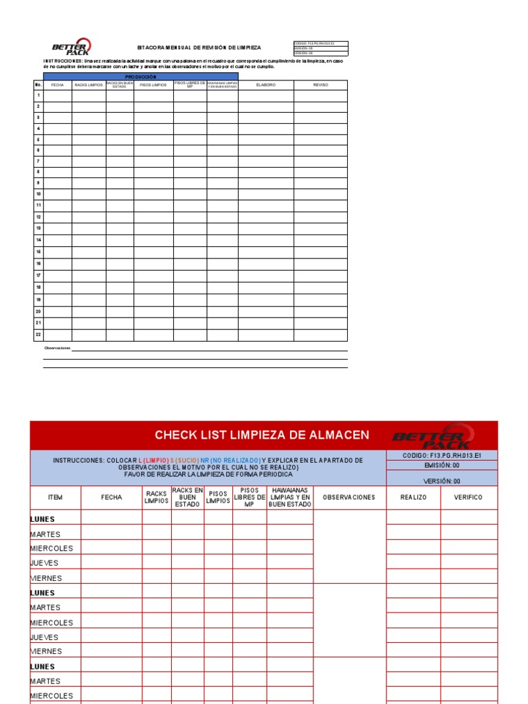 Check List Limpieza ALMACEN | PDF