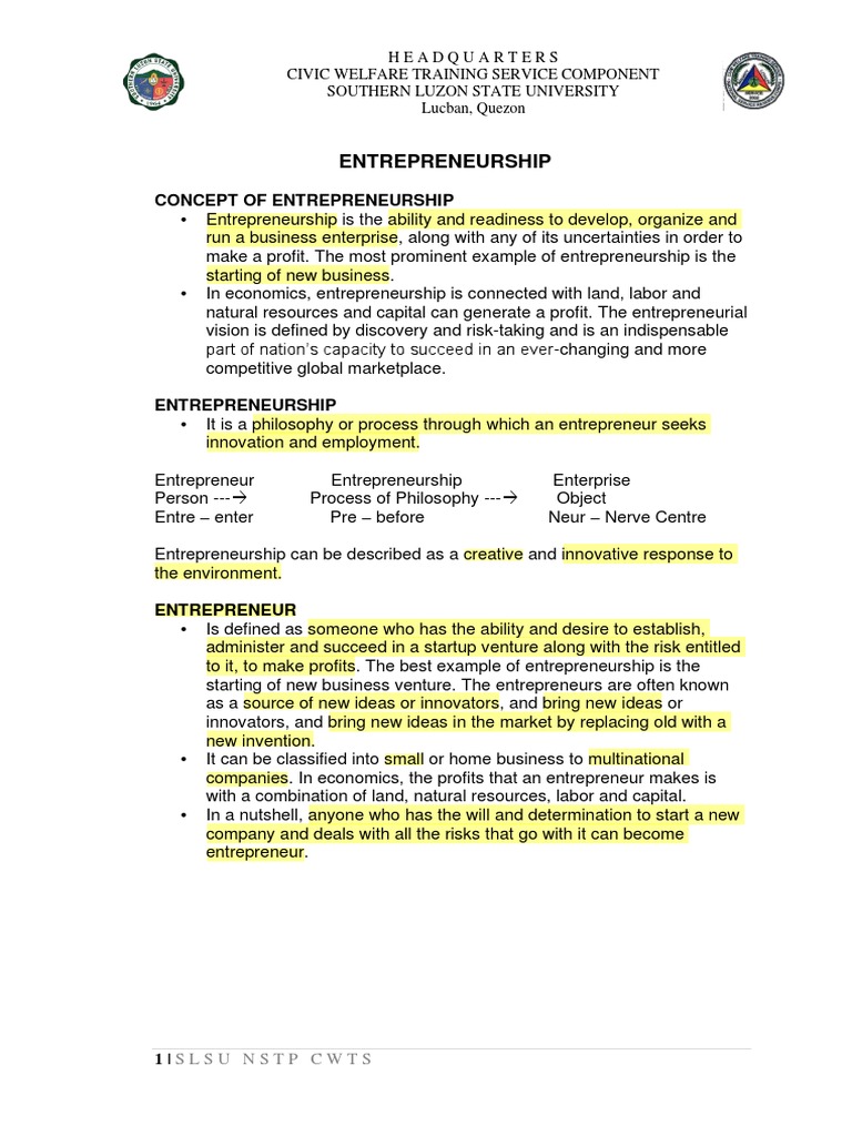 ENTREPRENEURSHIP | PDF | Entrepreneurship | Innovation ENTREPRENEURSHIP | PDF | Entrepreneurship | Innovation