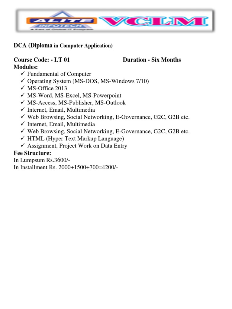 DCA (Diploma Course Code: - LT 01 Duration - Six Months Modules | PDF