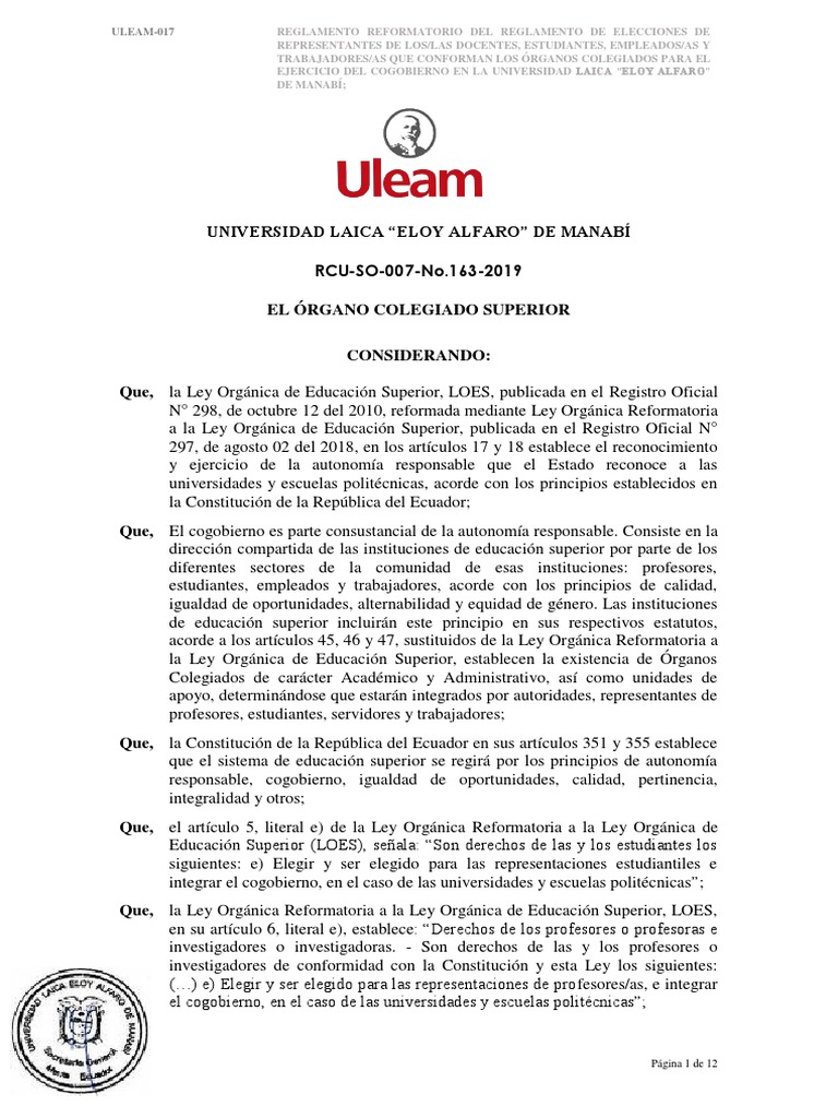 Uleam-017 Reglamento de Elecciones Resp. Docentes, Estudiantes y ...