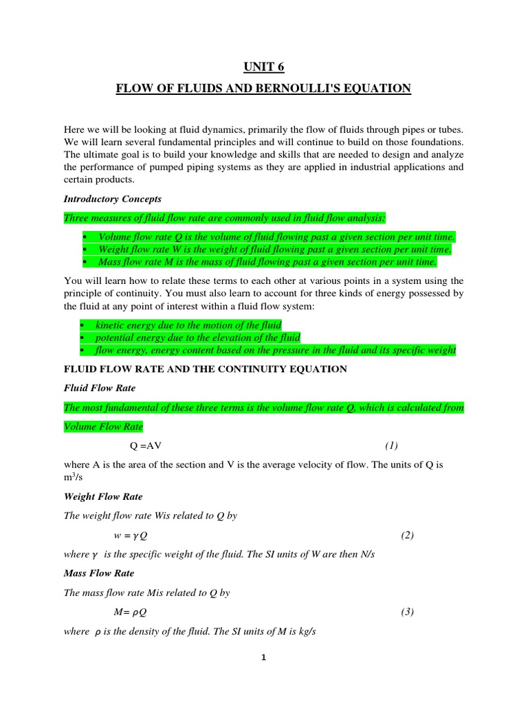 Unit 6 Flow of Fluids and Bernoulli | PDF | Fluid Dynamics | Flow ...
