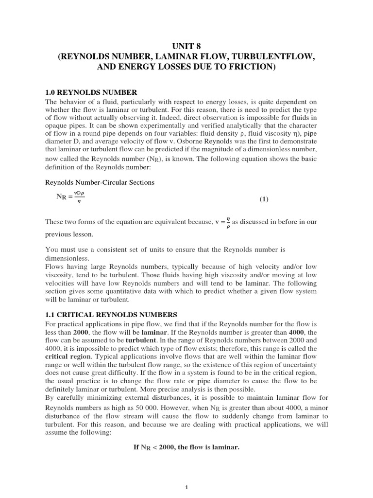 Unit 8 (Reynolds Number, Laminar Flow, Turbulentflow, and Energy Losses Due To Friction) | PDF ...