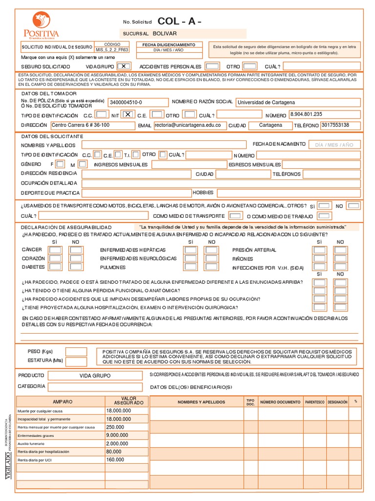 CONYUGE o hijo asegurado Formulario Solicitud de Seguro Col-A | PDF | Seguro | Historial médico