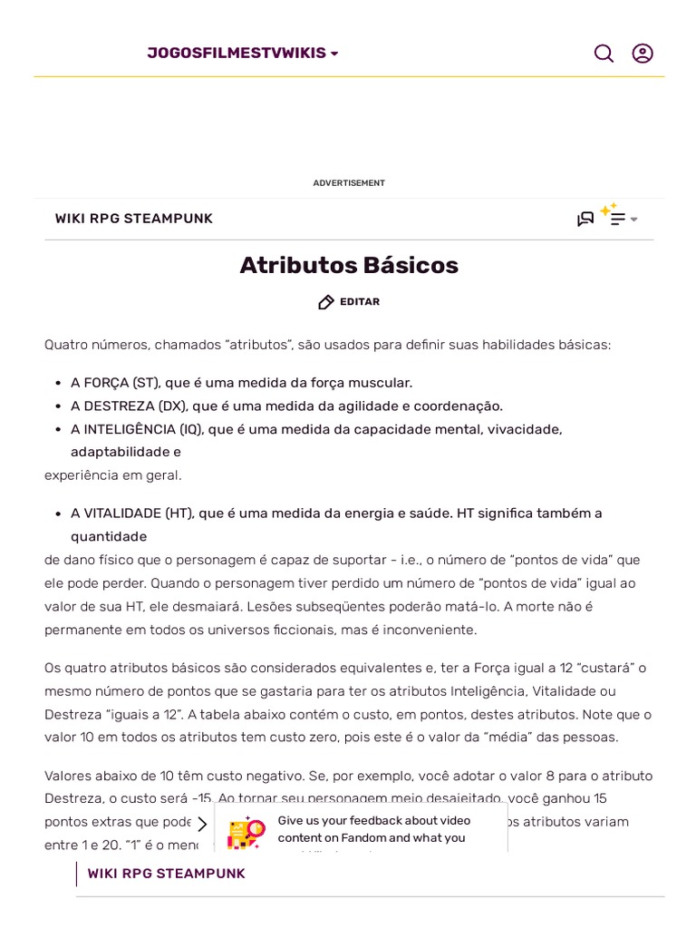 Atributos Básicos Wiki RPG Steampunk Fandom | PDF | Jogos de RPG