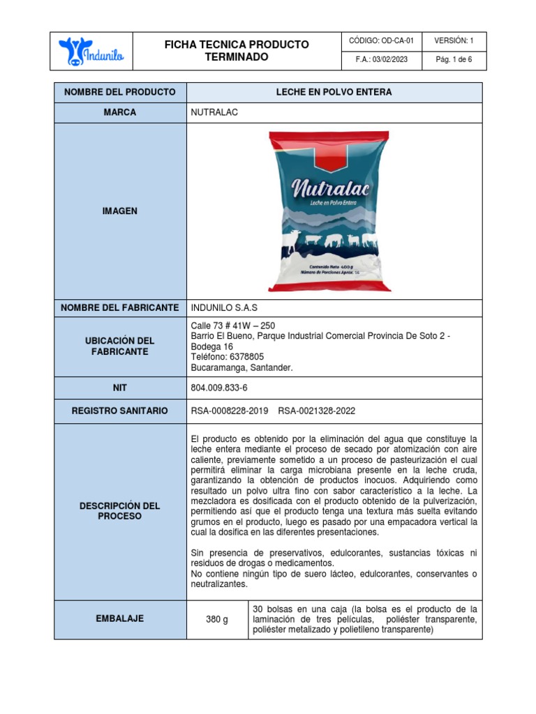 F.T. Leche en Polvo Entera Nutralac | PDF | Alimentos | Leche