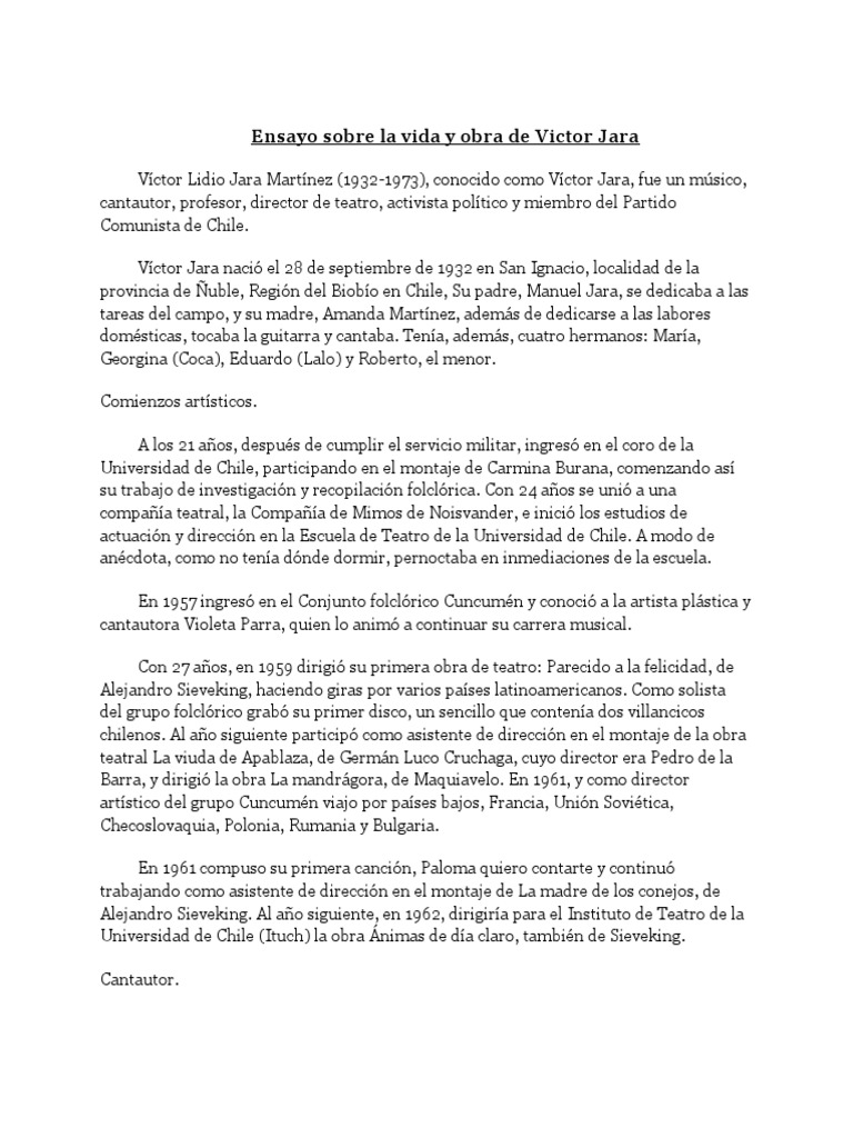 Ensayo Sobre La Vida y Obra de Victor Jara | PDF
