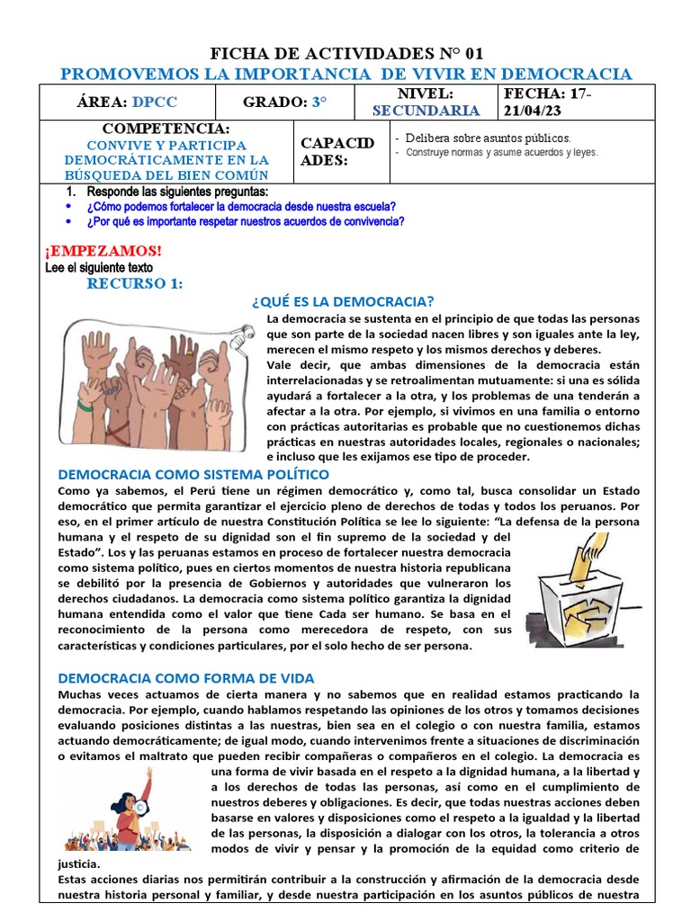 Eda 2 - Ficha - Sem 1 - DPCC 3° | PDF | Democracia | Ideologías políticas
