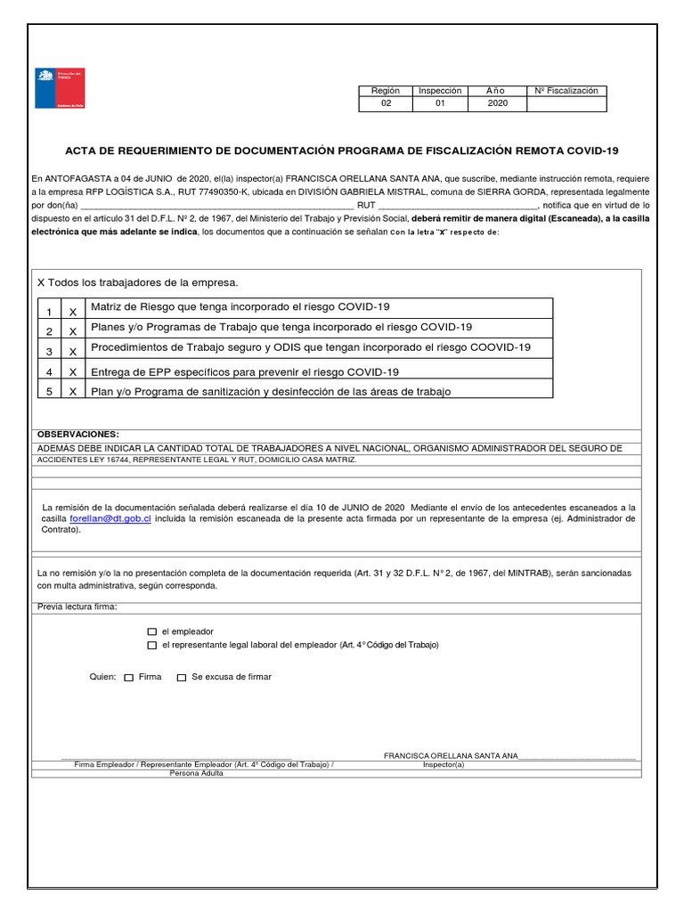 Acta Requerimiento Documentación y Citación RFP LOGÍSTICA S | PDF