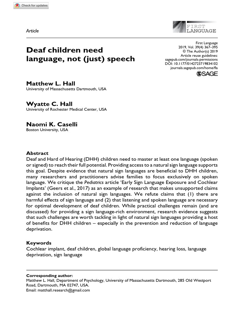 Hall, Hall Caselli 2019 Deaf Children and Language | PDF | Hearing Loss ...