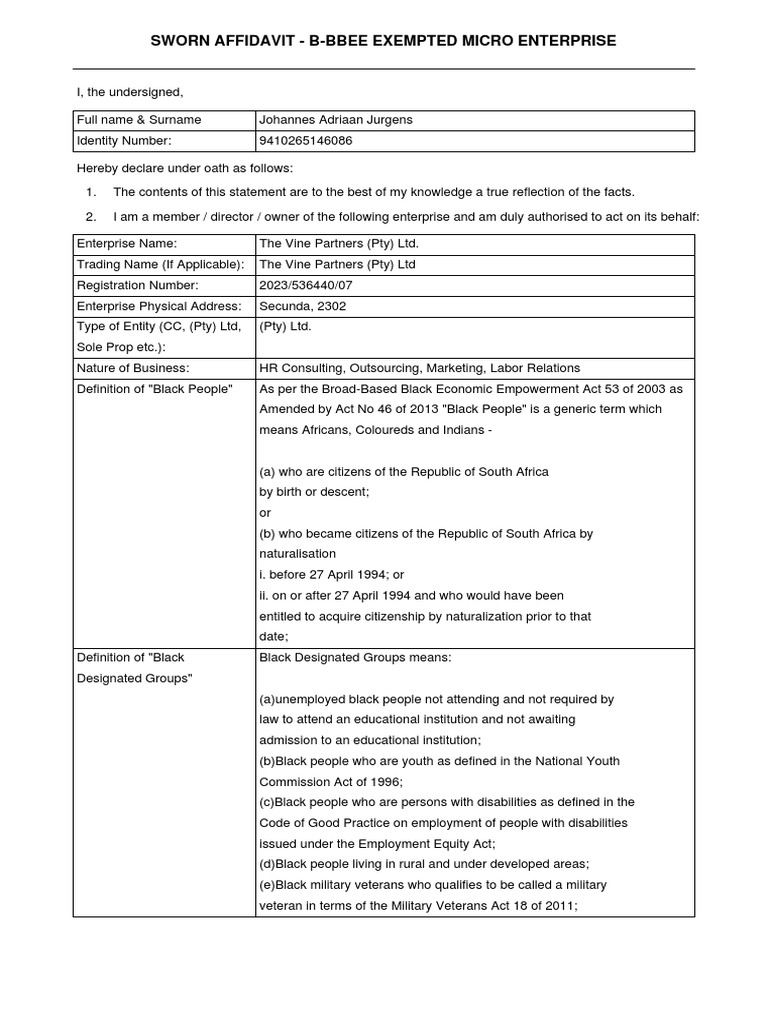 B-BBEE Affidavit for The Vine Partners | PDF | Affidavit | Naturalization