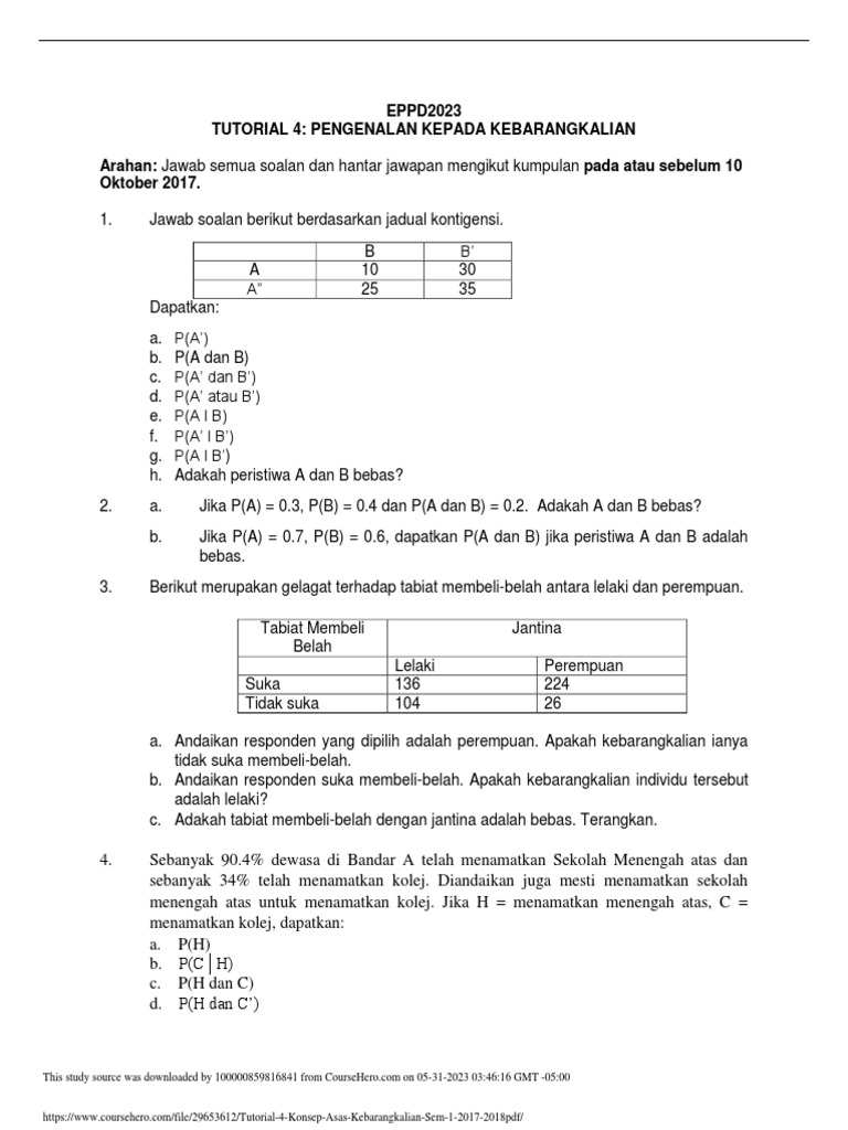 Tutorial 4 Konsep Asas Kebarangkalian Sem 1 2017 2018 PDF | PDF