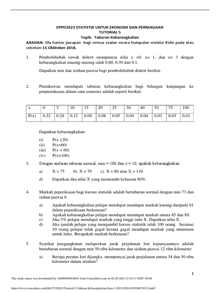 Tutorial 5 Taburan Kebarangkalian Sem 1 2019 2020 20191007101124 PDF | PDF