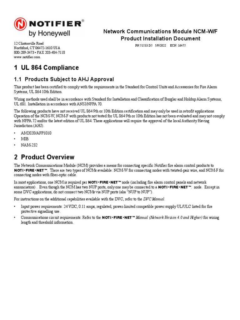 1 UL 864 Compliance: Network Communications Module NCM-W/F Product ...
