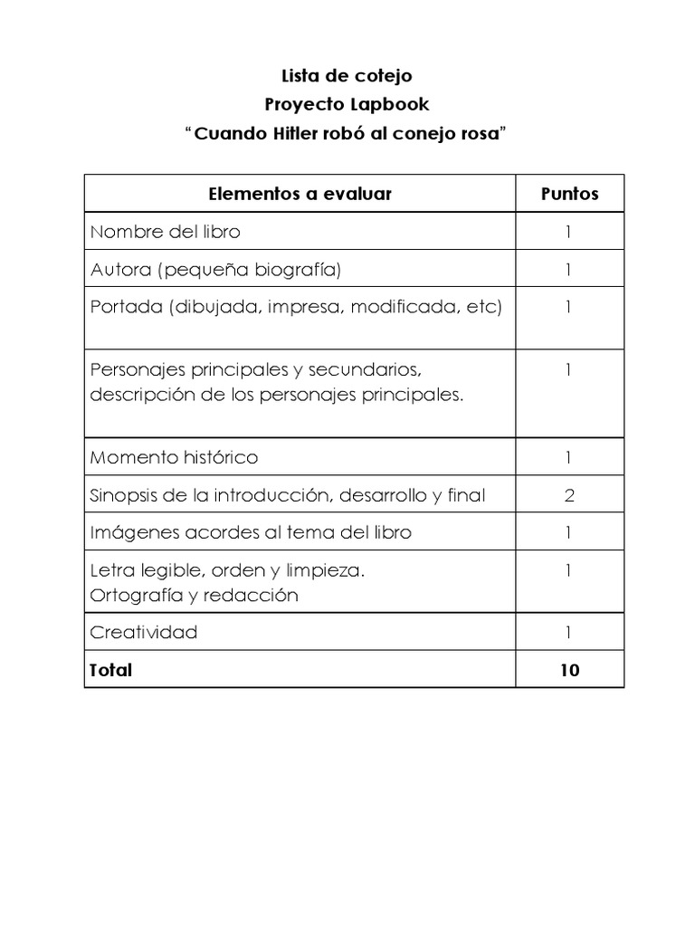 Lista de Cotejo. Proyecto Lapbook.6A | PDF