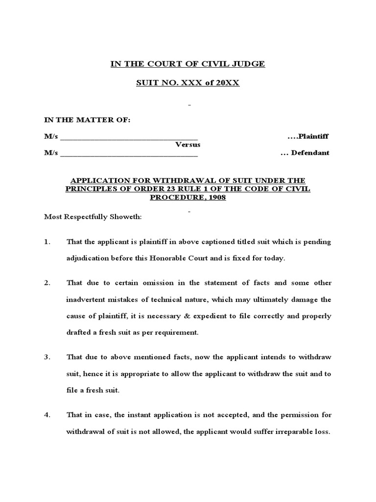 Application for Withdrawal of Suit | PDF | Lawsuit | Affidavit