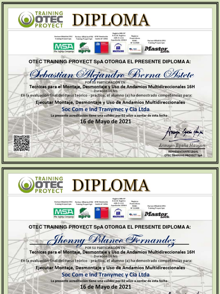 Diploma Andamios Tranymec DRT May 15 y 16 de 2021 | PDF