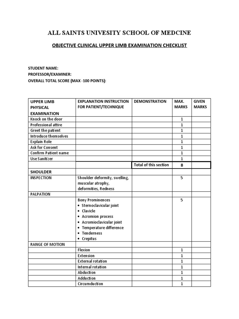 Upper Limb Exam Checklist Guide | PDF | Anatomical Terms Of Motion | Thumb