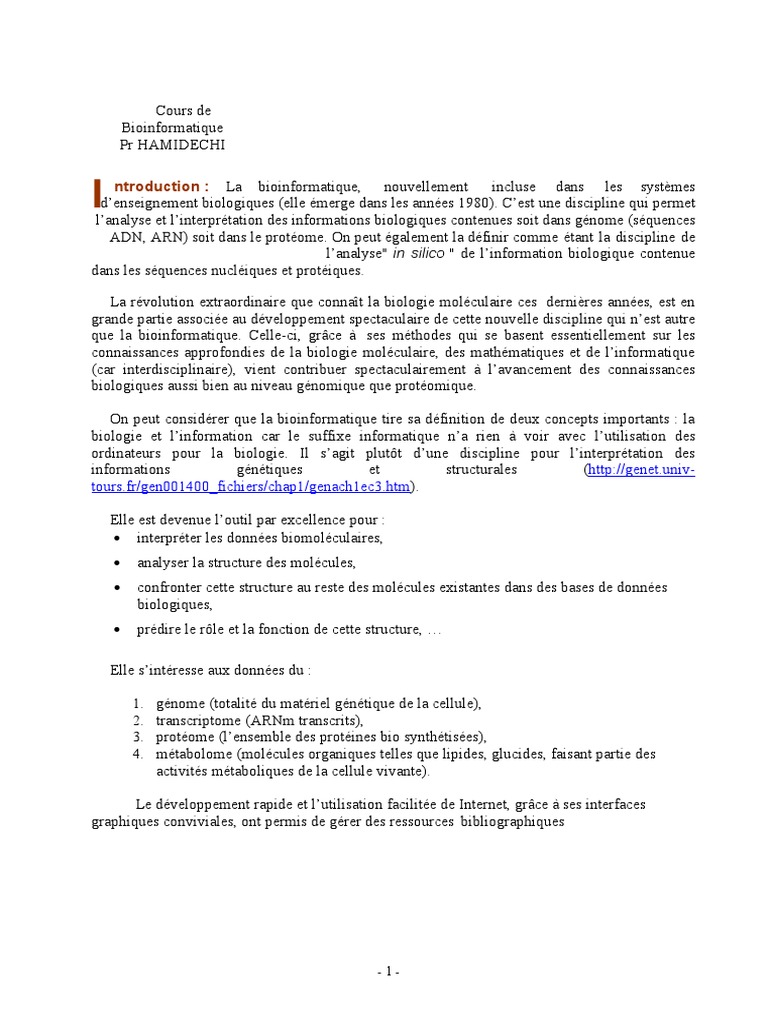 Cours - Bioinformatique S1 1 | PDF | Bio-informatique | Gènome