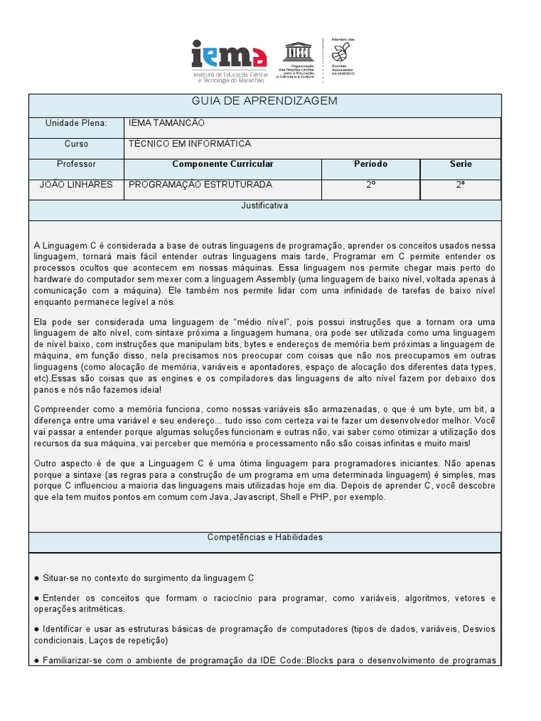 Guia de Aprendizagem - Programação Estruturada 2023 v2-0 | PDF ...