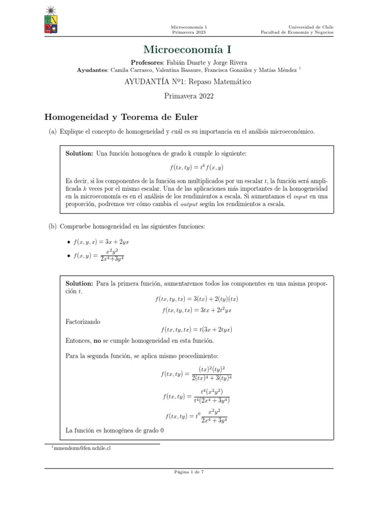 Microeconom Ia I: Homogeneidad y Teorema de Euler | PDF | Conjunto convexo | Relaciones matematicas