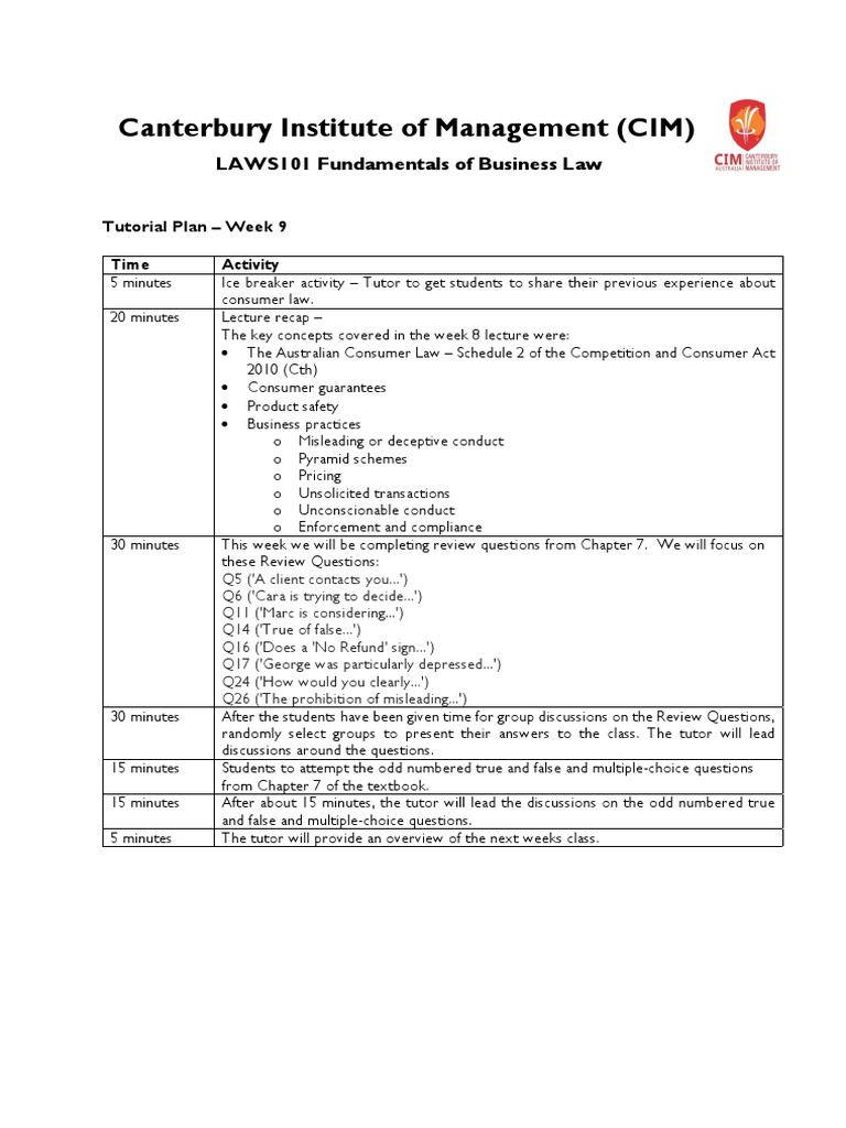 LAWS101 Week 9 Tutorial Plan | PDF | Consumer Protection | Business Law