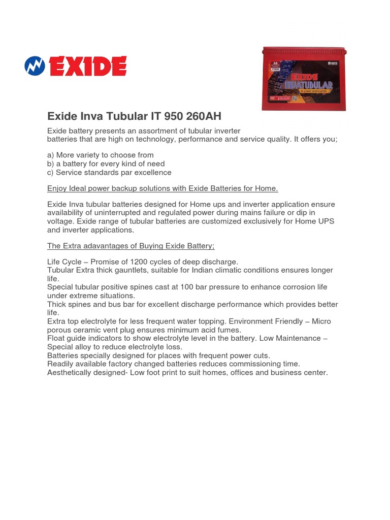 Exide It950 Invatubular Battery | PDF