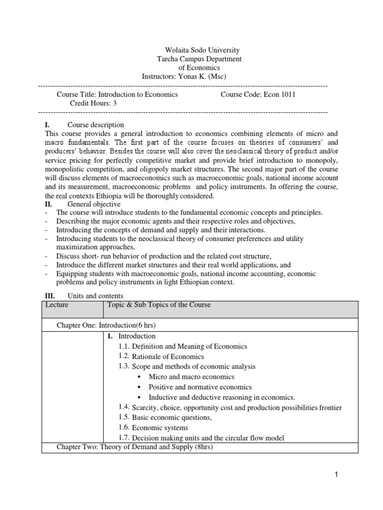 Introduction to Economics Syllabus | PDF | Supply And Demand | Utility