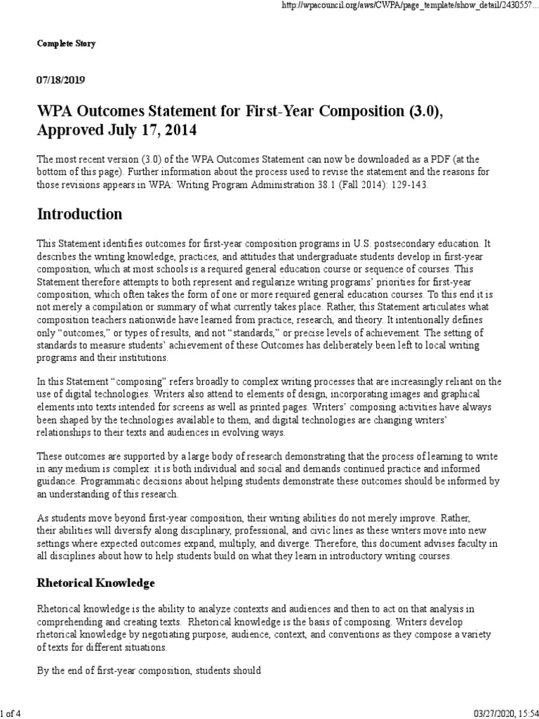 First-Year Composition Outcomes Statement | PDF | Critical Thinking ...