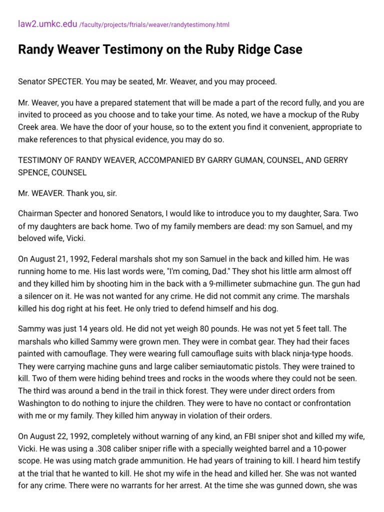 Randy Weaver Testimony On The Ruby Ridge Case | PDF