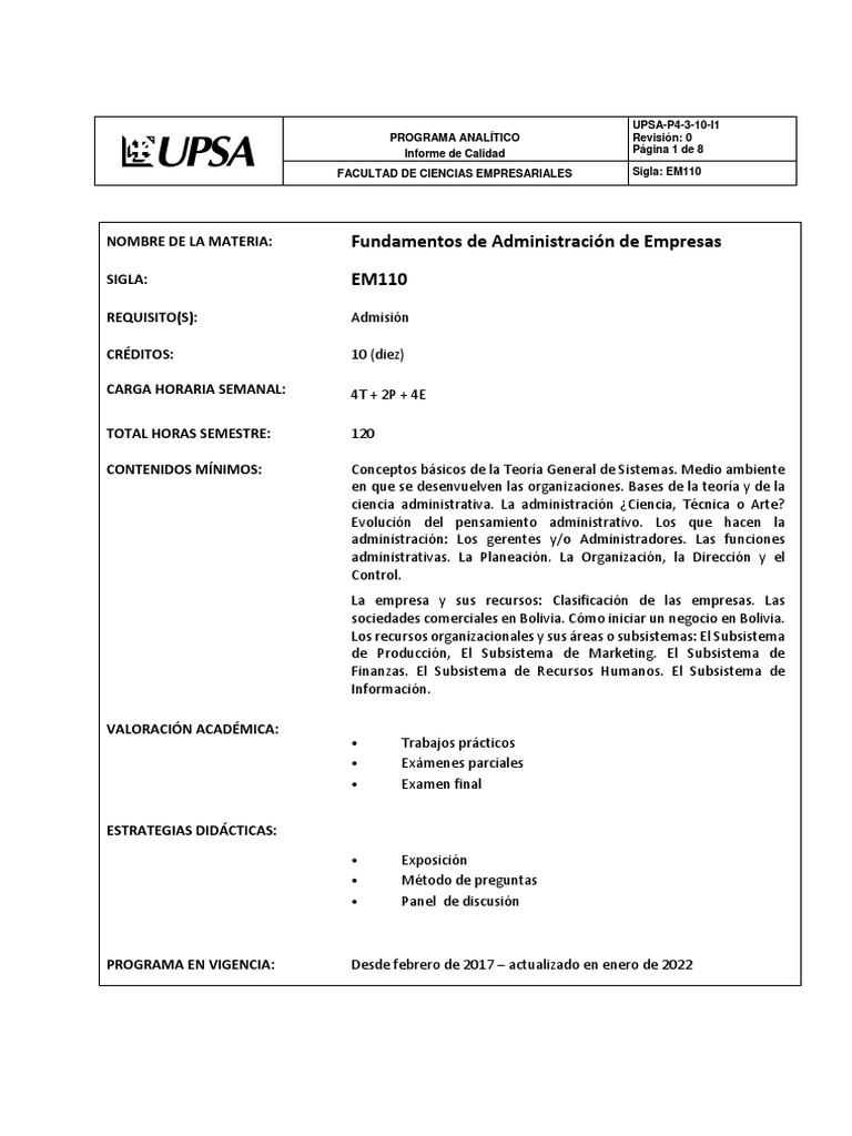 Fundamentos de Administración EM110 | PDF