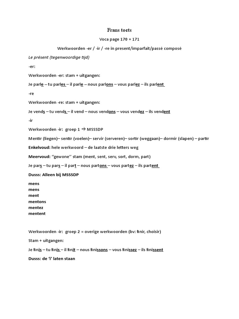 Frans Toets Werkwoorden | PDF
