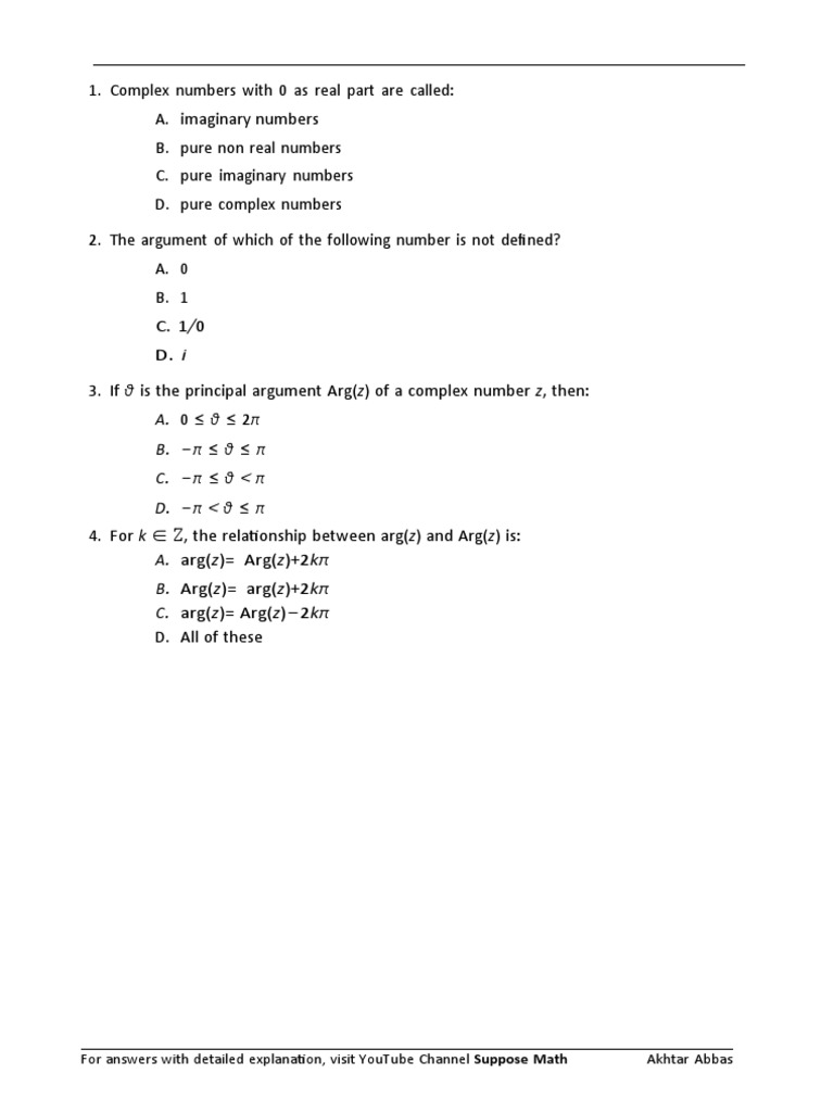 MCQs of Math 1 | PDF | Complex Number | Functions And Mappings