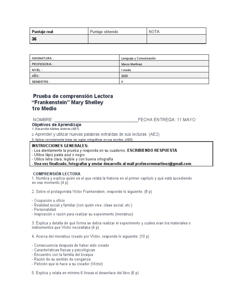 Prueba de Comprensión Lectora "Frankenstein" Mary Shelley | PDF