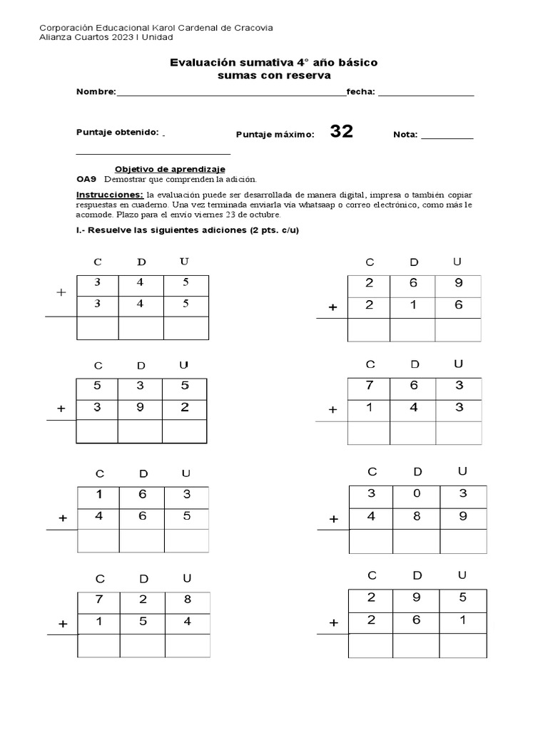 Prueba de Sumas Con Reserva | PDF