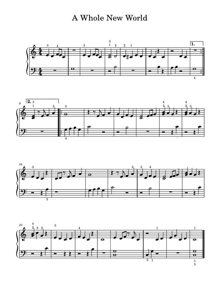 Easy Piano Sheet Music: A Whole New World | PDF