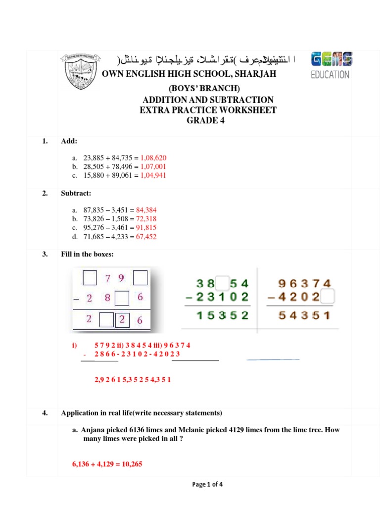 Chapetr 2 - Addition and Subtraction Extra Practice Worksheet - Answers | PDF