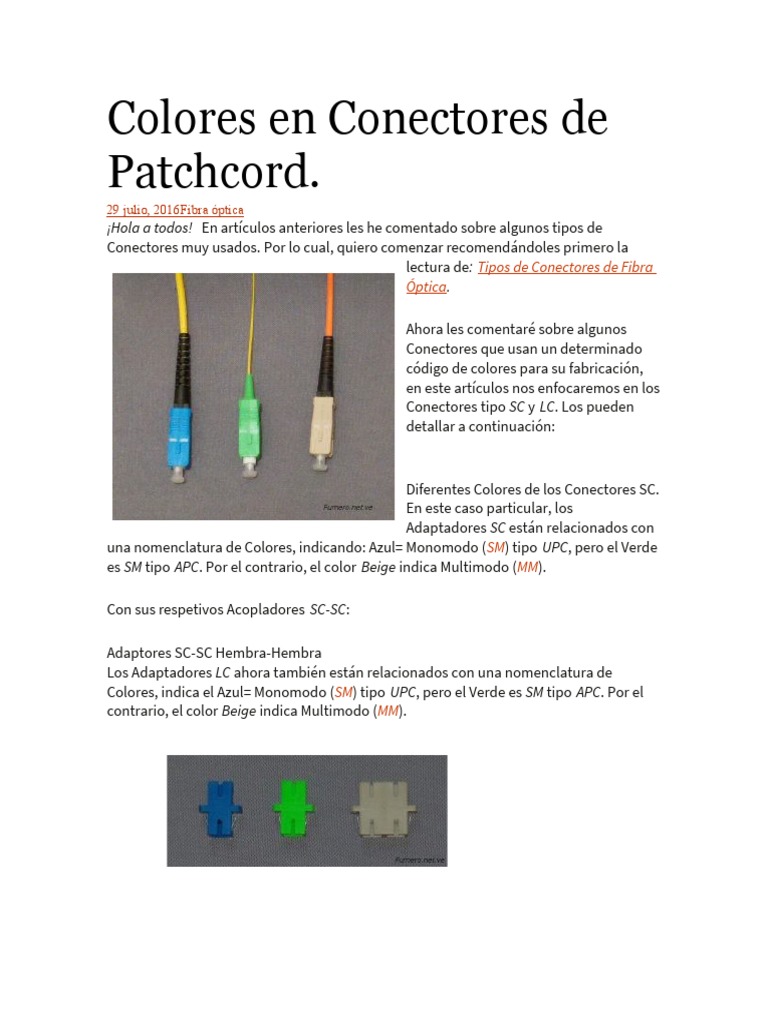 Colores en Conectores de Patchcord | PDF | Óptica | Radiación ...