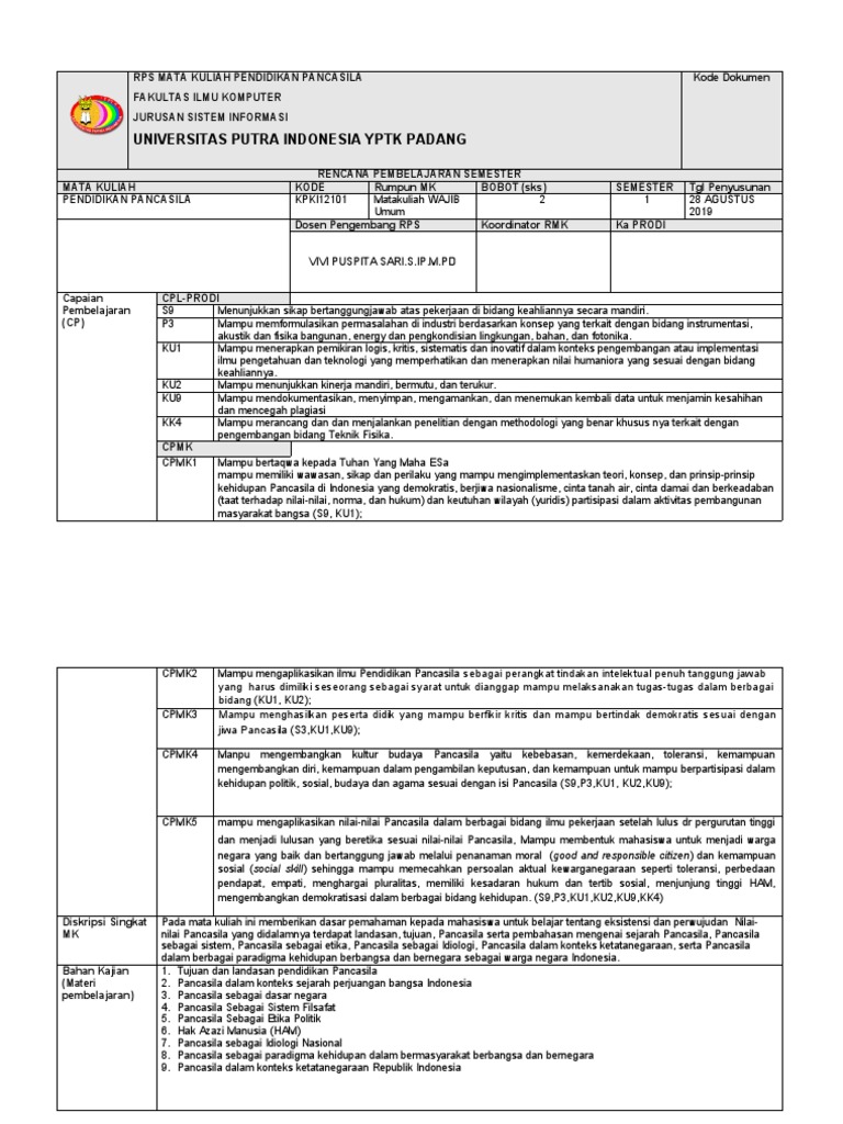 RPS Pendidikan Pancasila | PDF