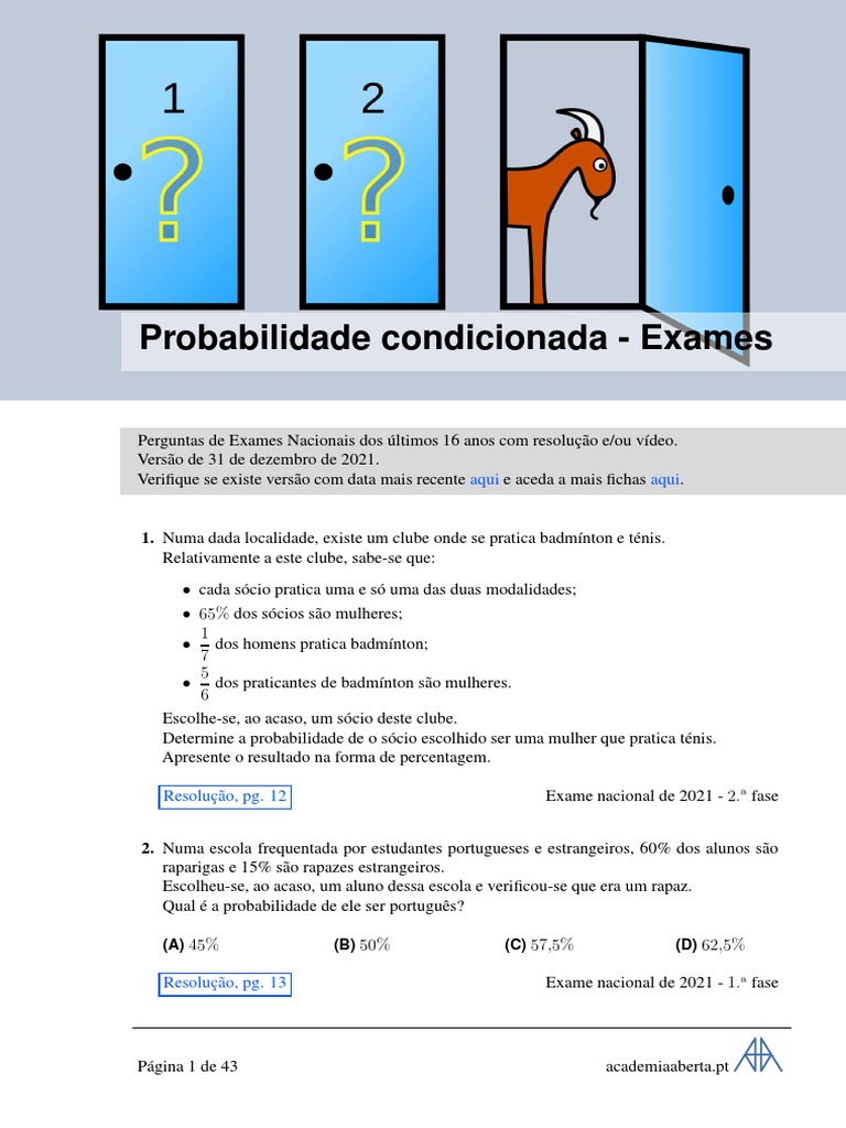 Probabilidade Condicionada - Exames: Aqui Aqui | PDF | Probabilidade | Sistema de coordenada ...