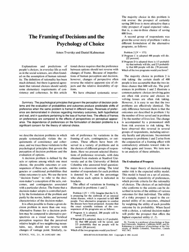 The Framing of Decisions and The Psychology of Choice Kahneman and ...
